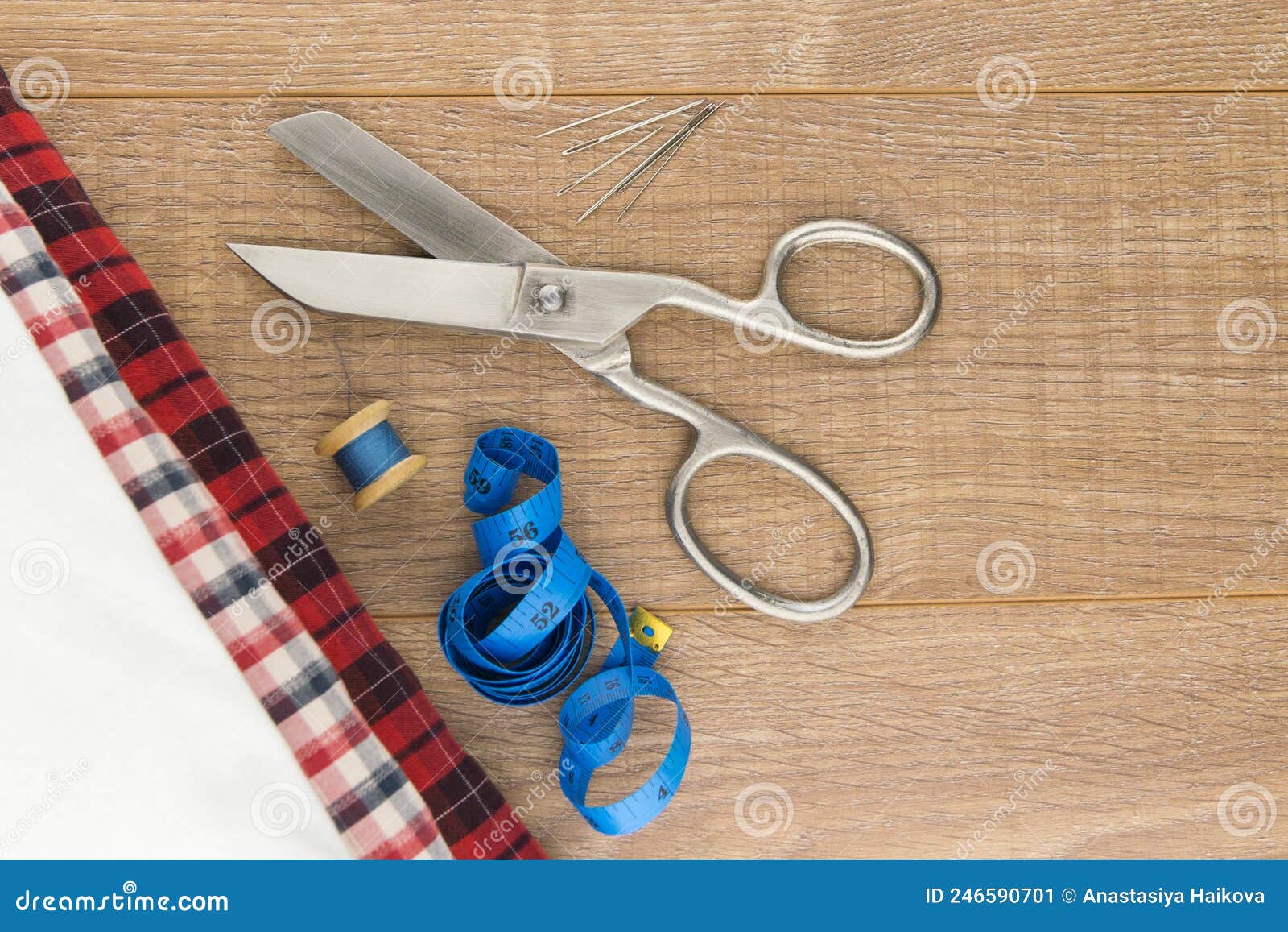 Sewing Tools: Large Scissors, Measuring Tape, Spool of Thread and ...
