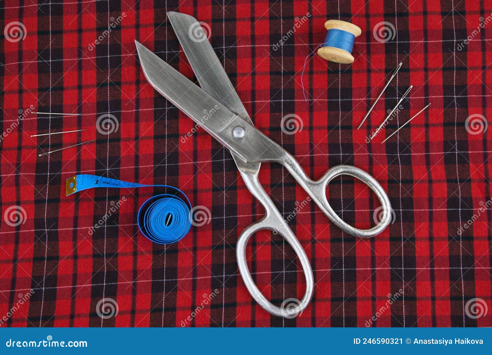 Sewing Tools: Large Scissors, Meter and Thread with Needles Lying on a ...