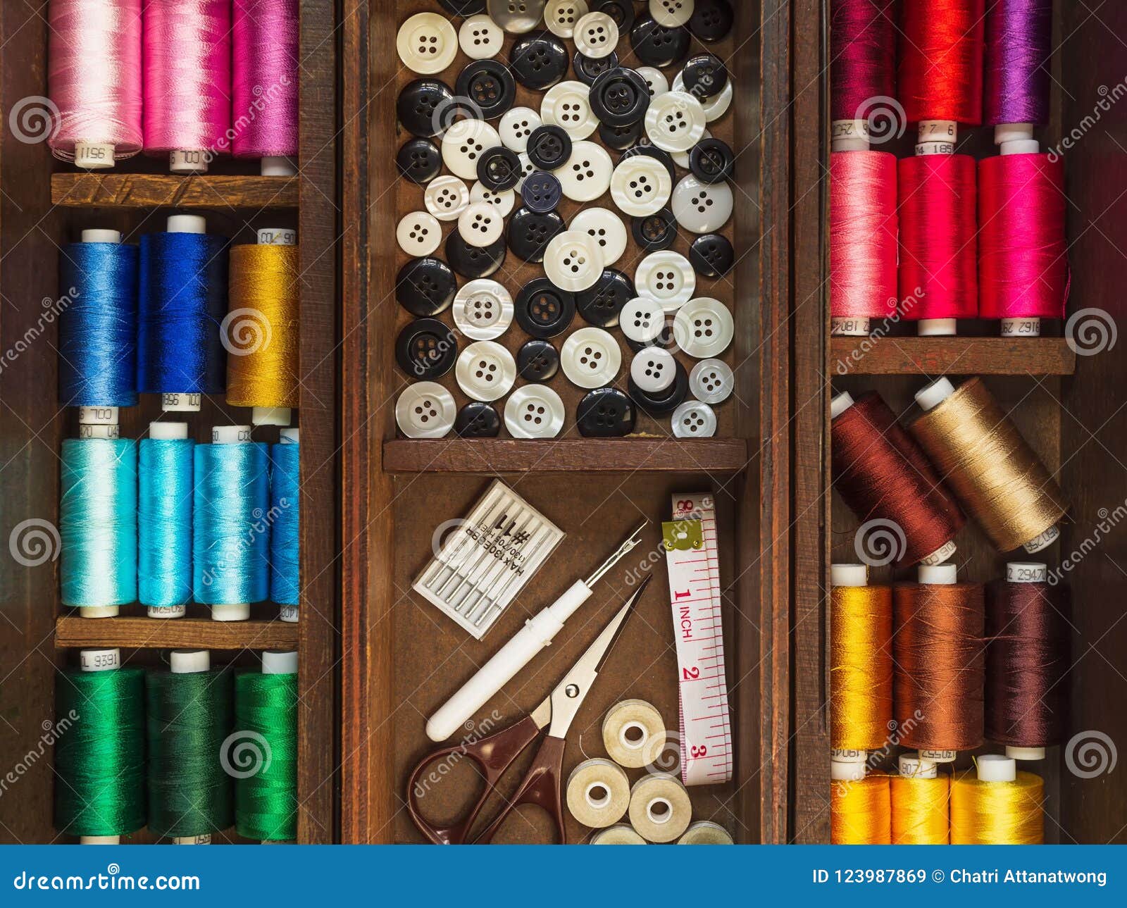 Sewing Tools and Multi Colorful Threads in Wooden Box, Flat Lay Picture ...