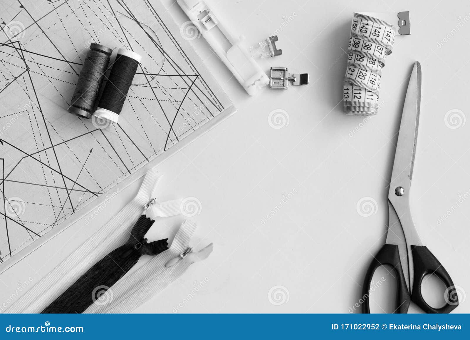 Sewing Tools with Paper Pattern, Design Work Conceptual Picture, Black ...