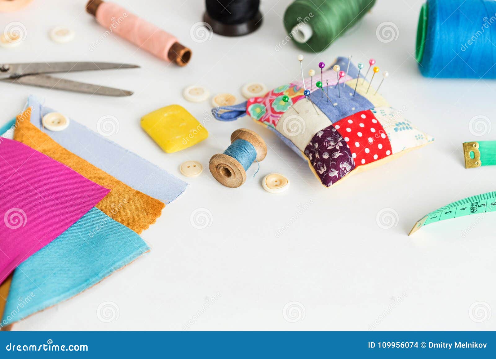 Sewing Tools, Patchwork, Tailoring and Fashion Concept - Closeup on ...