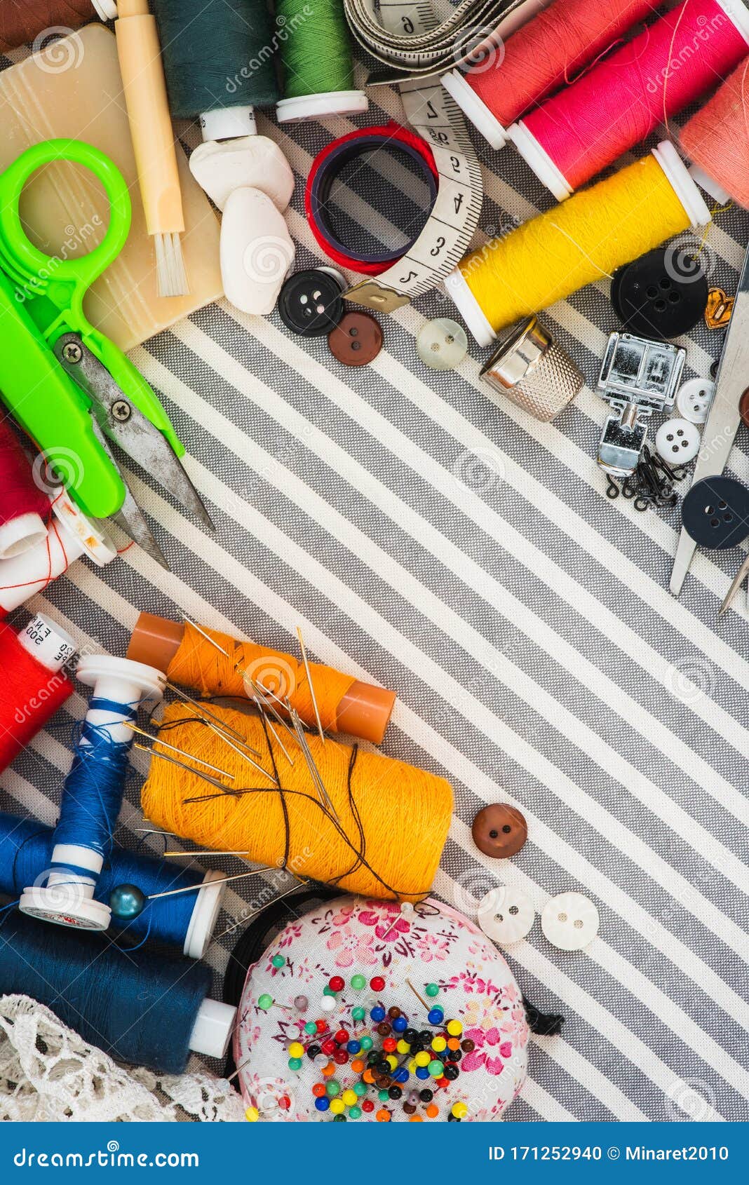 Sewing Tools on Striped Background Stock Photo - Image of craft, life ...