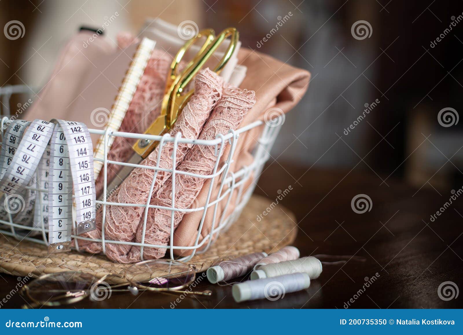 Sewing Tools of Tailoring Scissors, Tape Measure, Pink Lace Fabric in ...