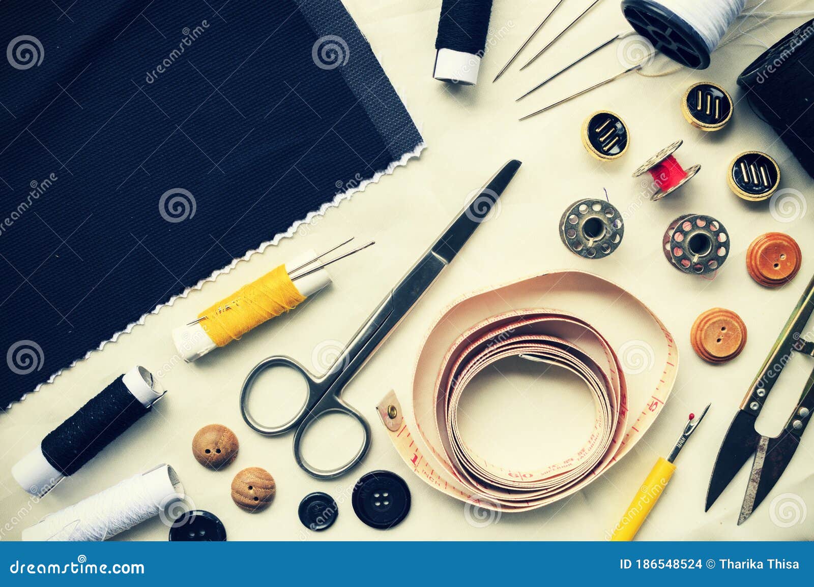 Sewing Tools on White Fabric Background Stock Photo - Image of ...