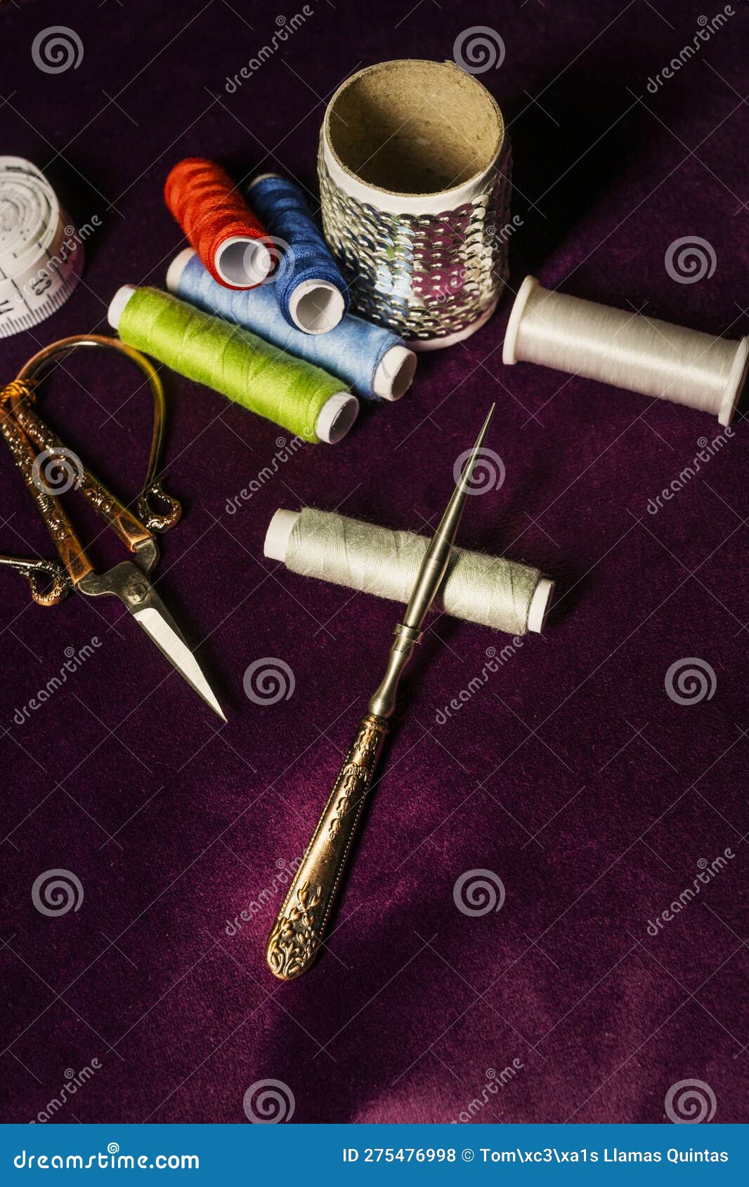 Sewing Utensils Placed on a Deep Purple Stock Photo - Image of handmade ...