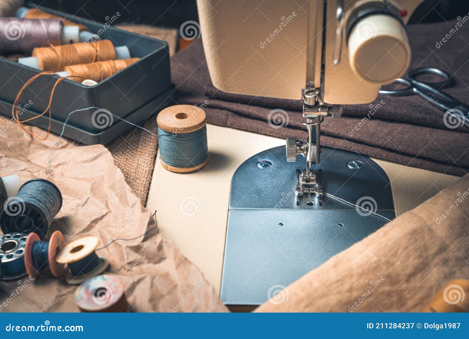 Sewing Workplace with Sewing Machine and Thread. Stock Image - Image of ...