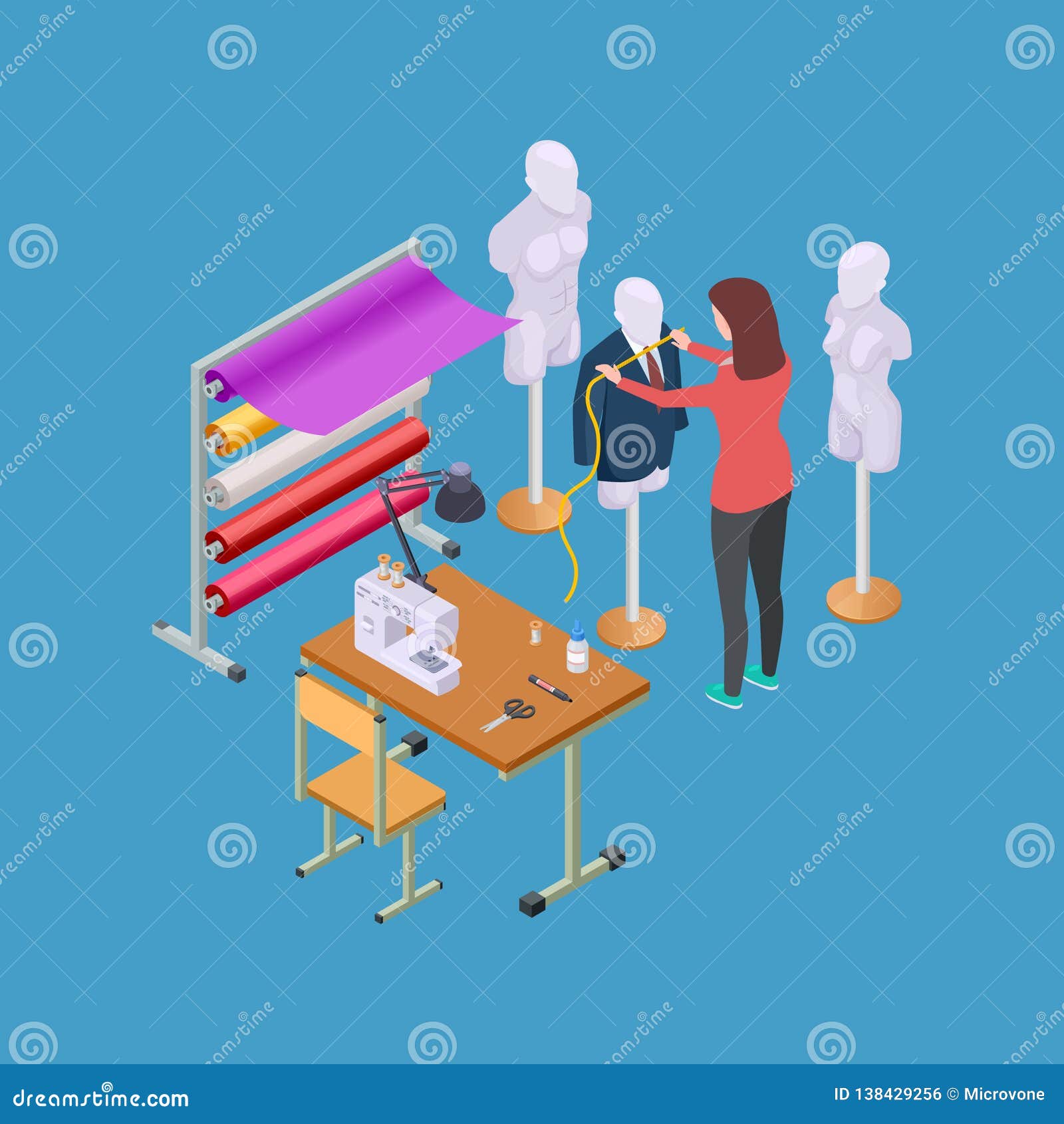 Sewing Workshop Atelier And Seamstress Or Designer Isometric Vector