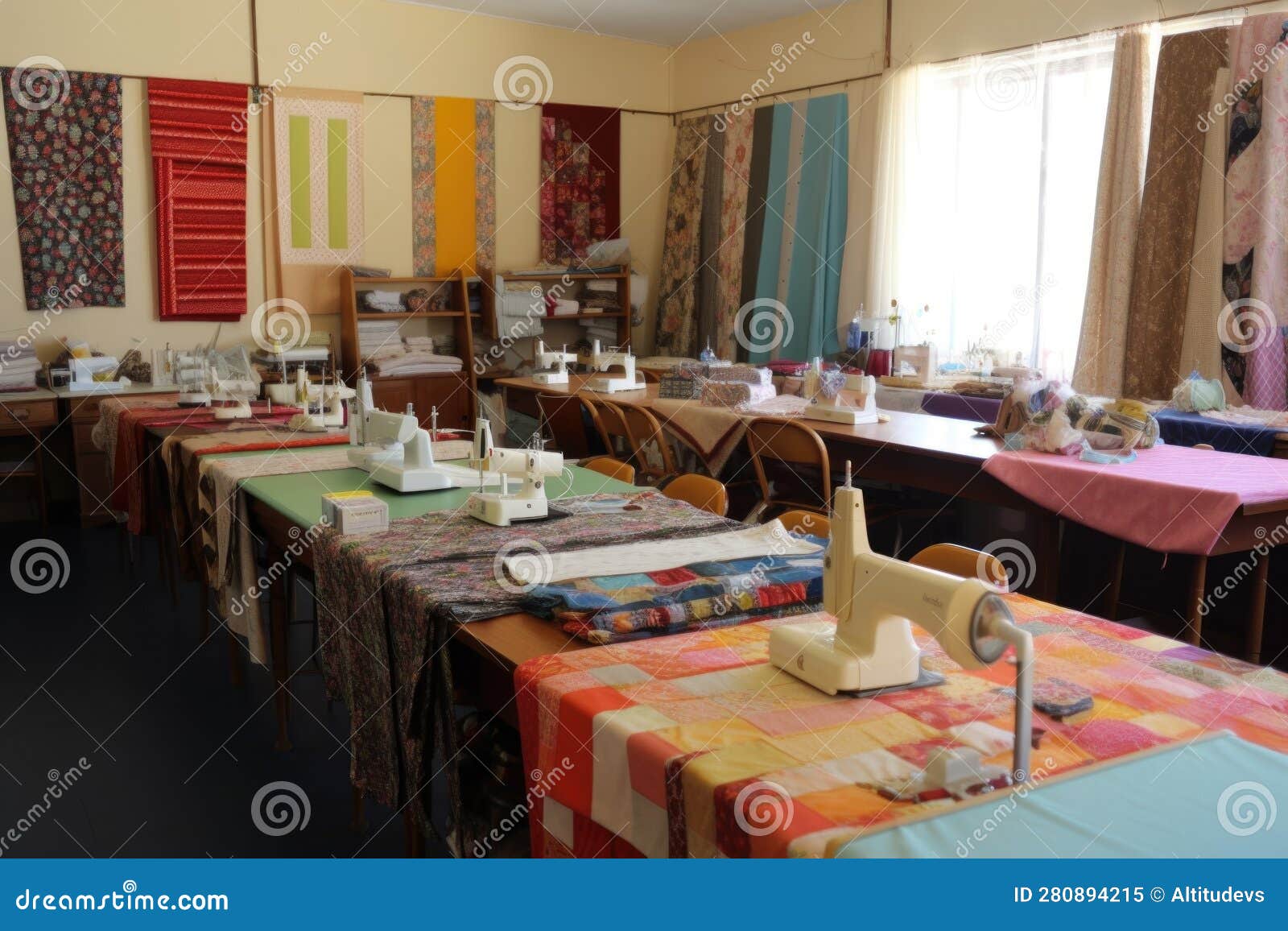 Sewing Workshop, with Various Fabrics and Materials on Display Stock ...