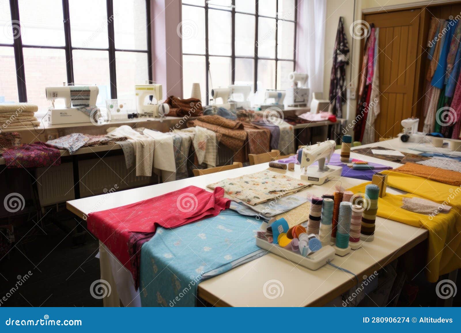 Sewing Workshop, with Various Fabrics and Materials on Display Stock ...