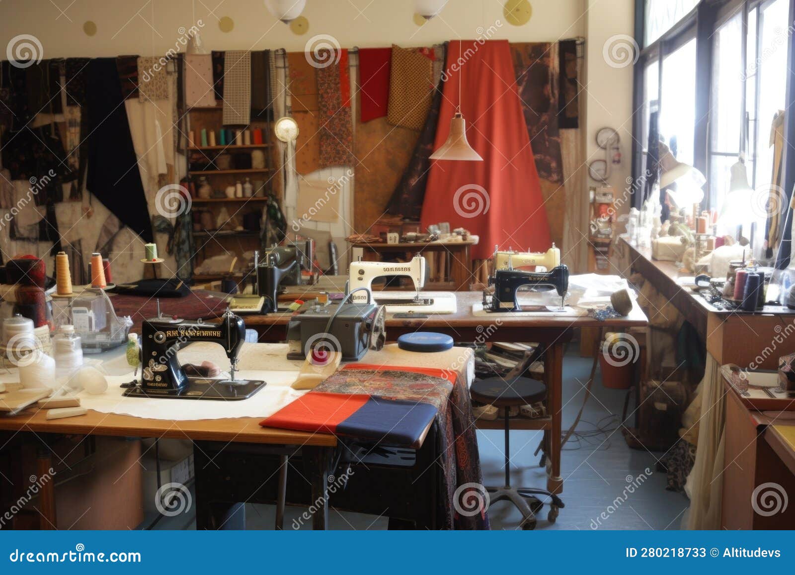 Sewing Workshop, with Various Fabrics and Materials on Display Stock ...