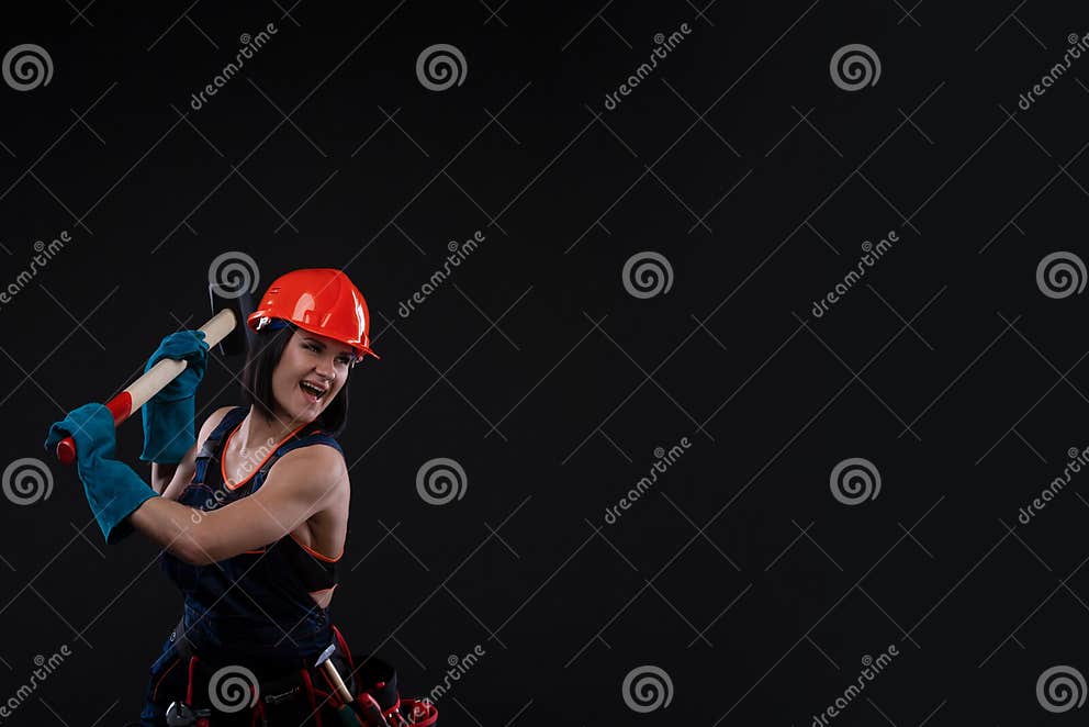 Sex Equality And Feminism Girl In Safety Helmet Holding Hammer Tool
