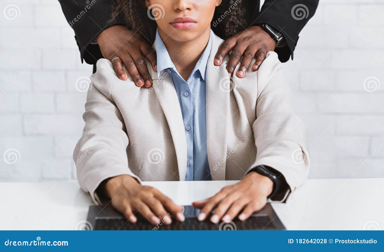 Sexual Harassment Problem Close Up Of Boss Touching His Beautiful