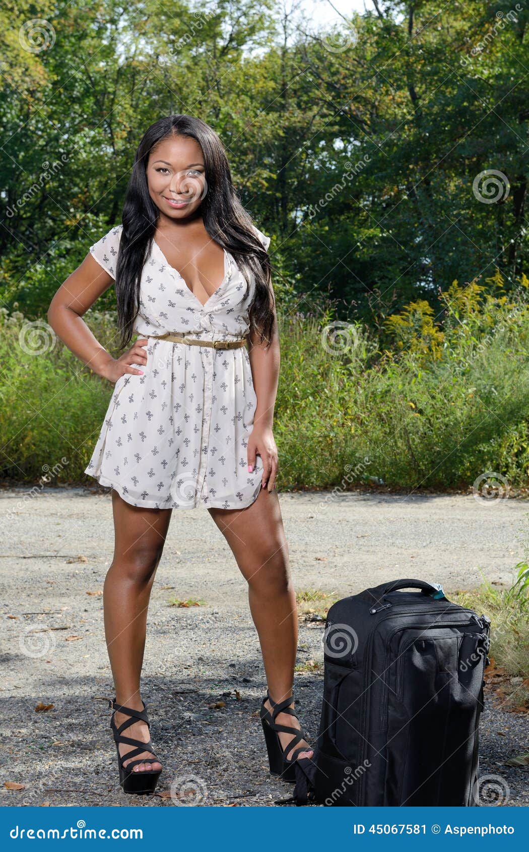African American Woman In Sundress With Suitcase Travel Stock Image