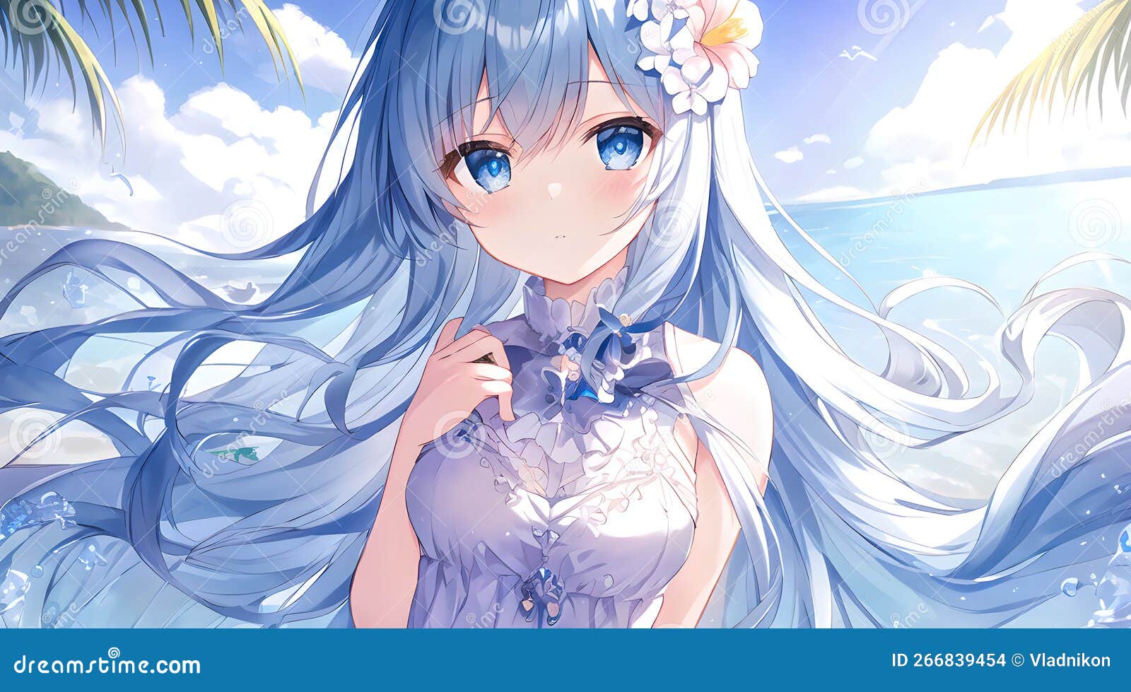 Anime Japanese Girl Big Blue Eyes On Sea Stock Illustration
