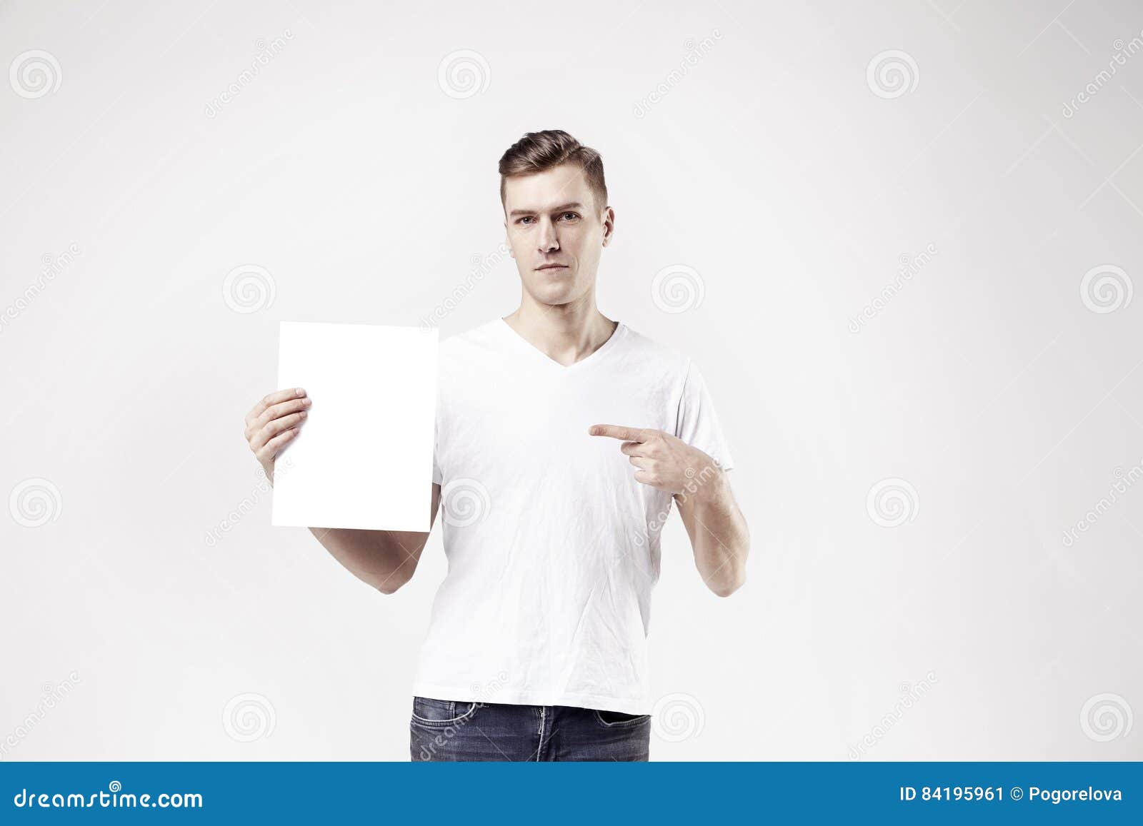 Attractive Man Model is Showing White Empty Space Paper A4 for Advert ...