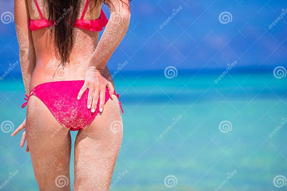 Back Of Beautiful Woman In Red Bikini On Sea Stock Image Image Of