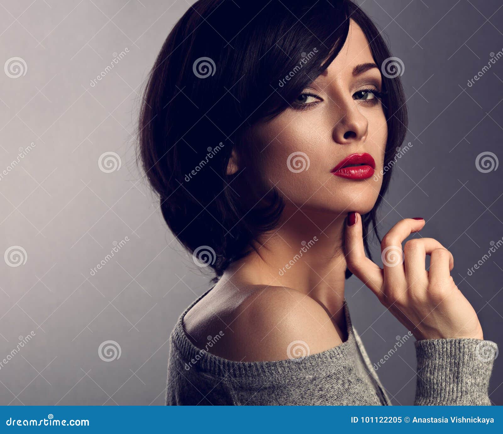 Beautiful Makeup Woman With Short Hair Style Red Lipstick Stock Image