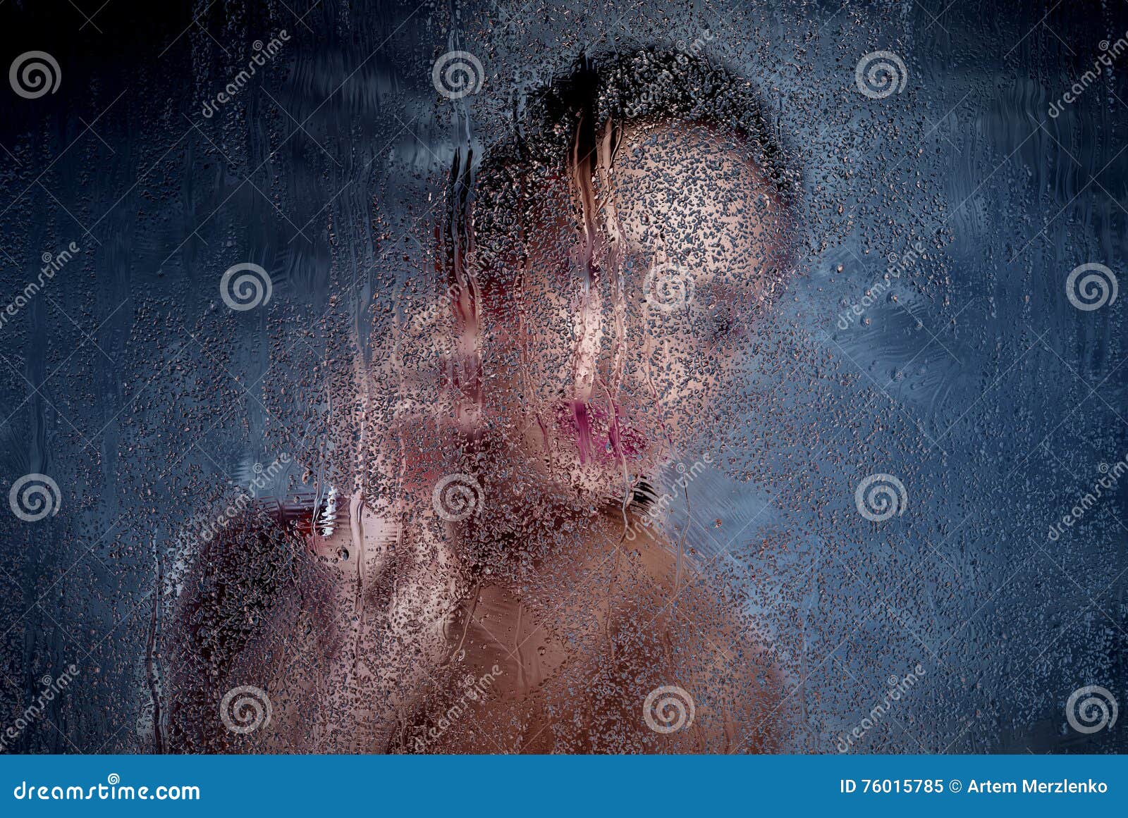 Beautiful Woman Behind Glass With Water Drops Stock Image Image Of