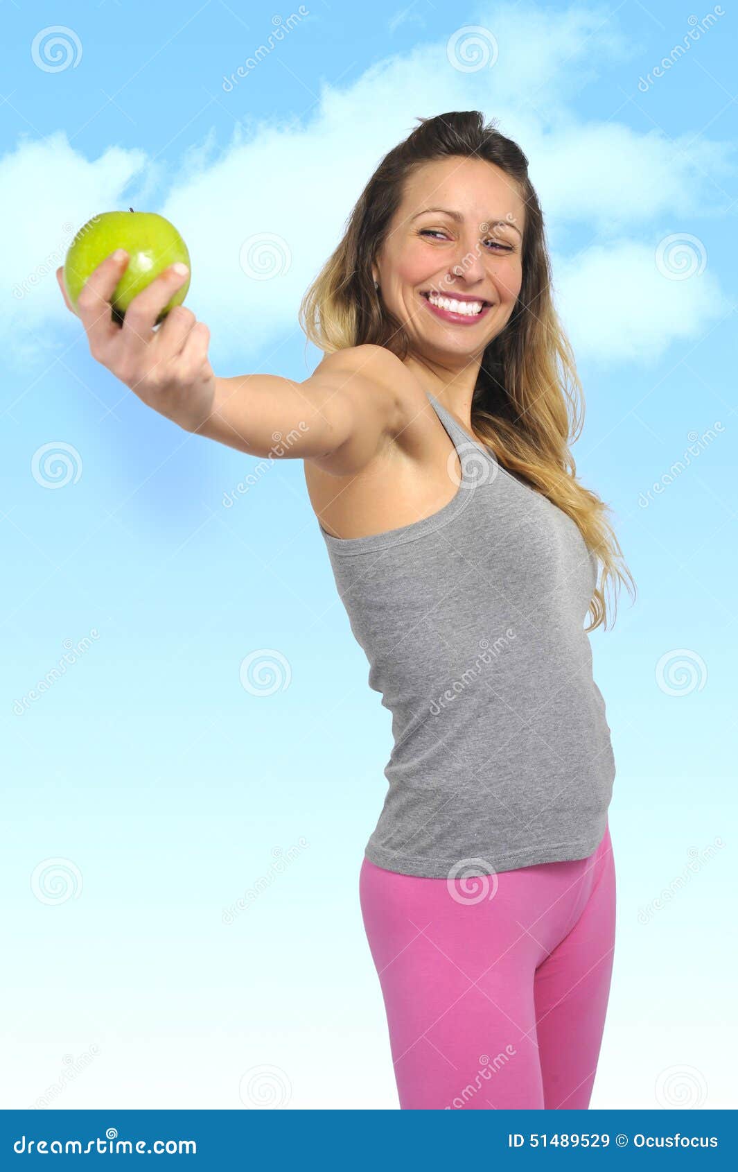 Beautiful Woman Holding Green Apple Fruit In Healthy Natural Nutrition