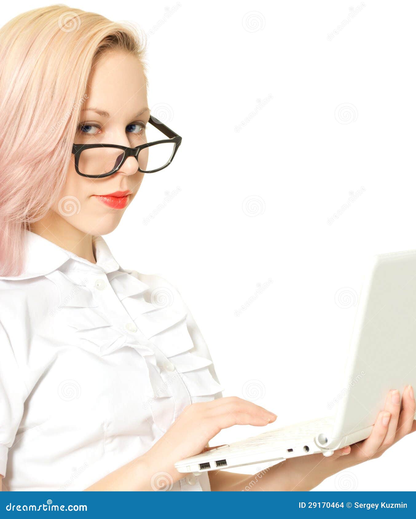 Blonde with a Computer, Isolated. Stock Photo - Image of notebook ...