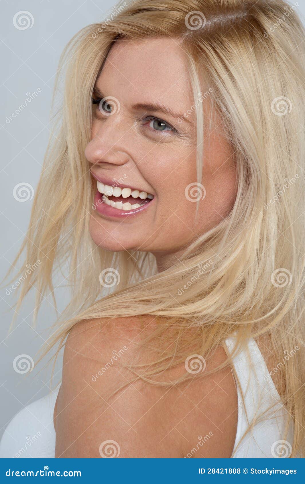 Blonde Model Turning Back and Laughing Stock Photo - Image of female ...