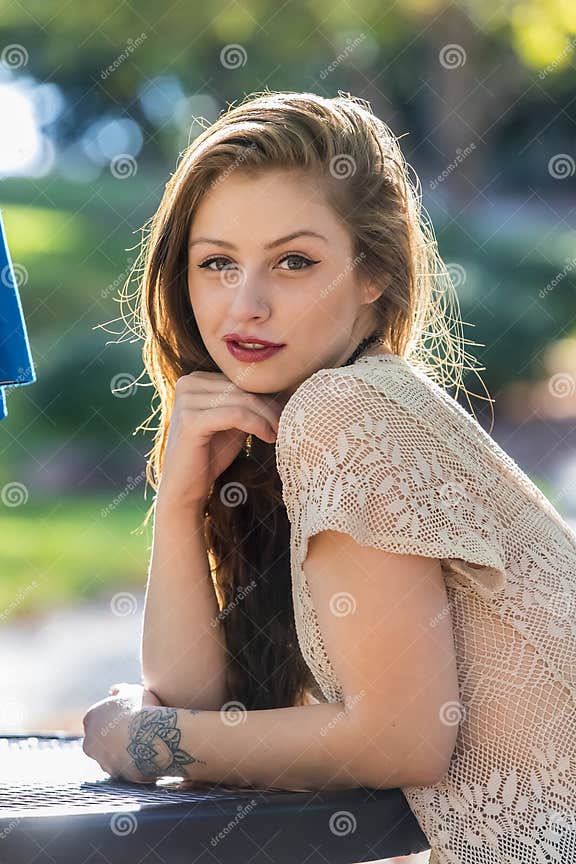 Brunette Coed Enjoying The Fall Foliage Stock Image Image Of Dark