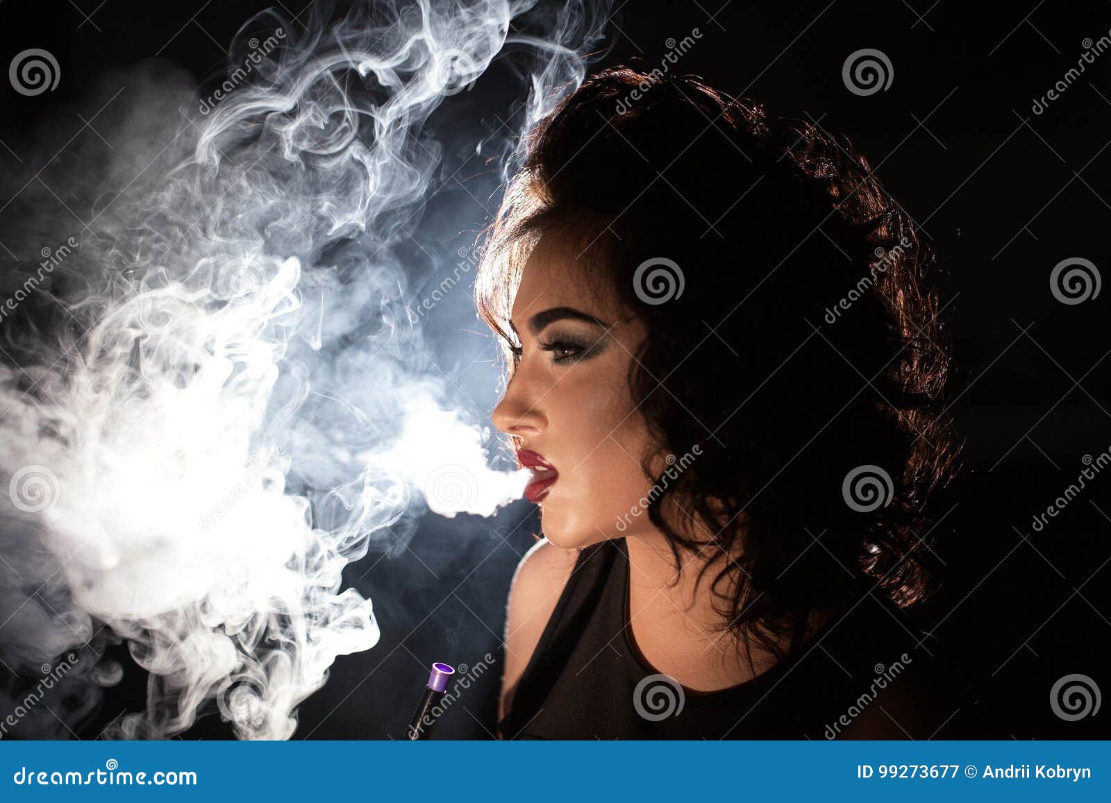Brunette Exhaling Hookah Smoke and Posing for Camera. Stock Image ...