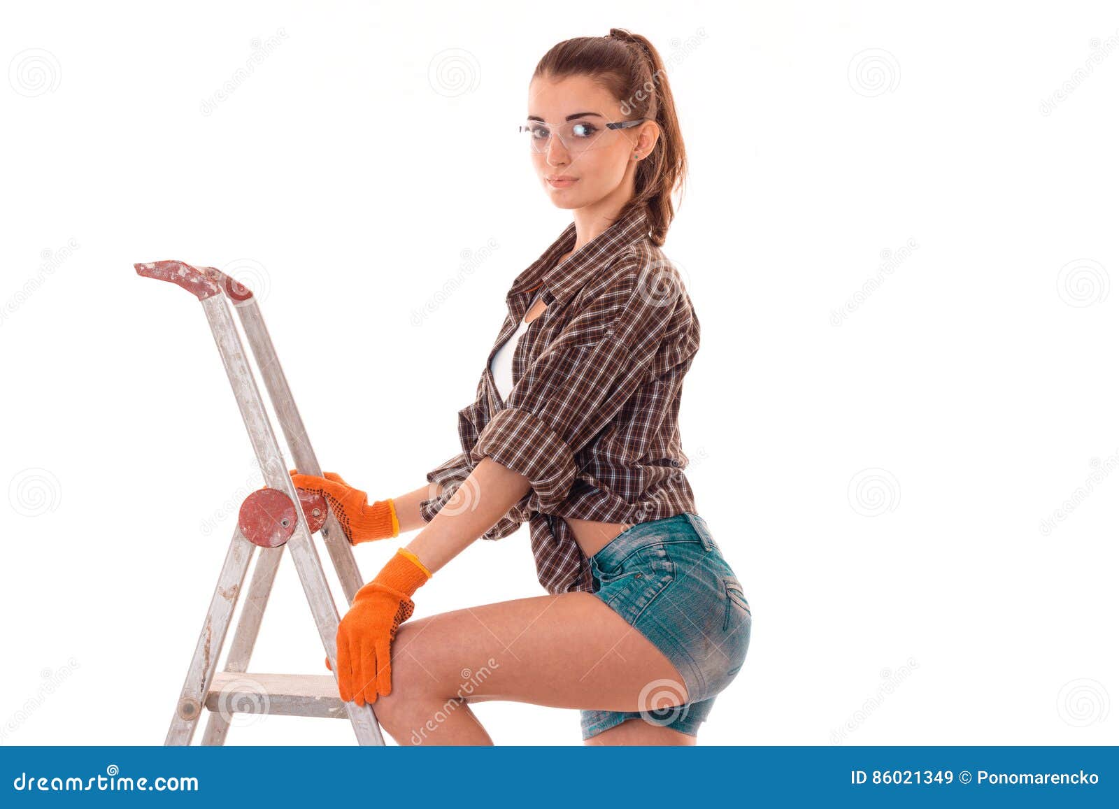 Brunette Woman Builder Makes Renovation Isolated on White Background ... Brunette Woman Builder Makes Renovation Isolated on White Background ...