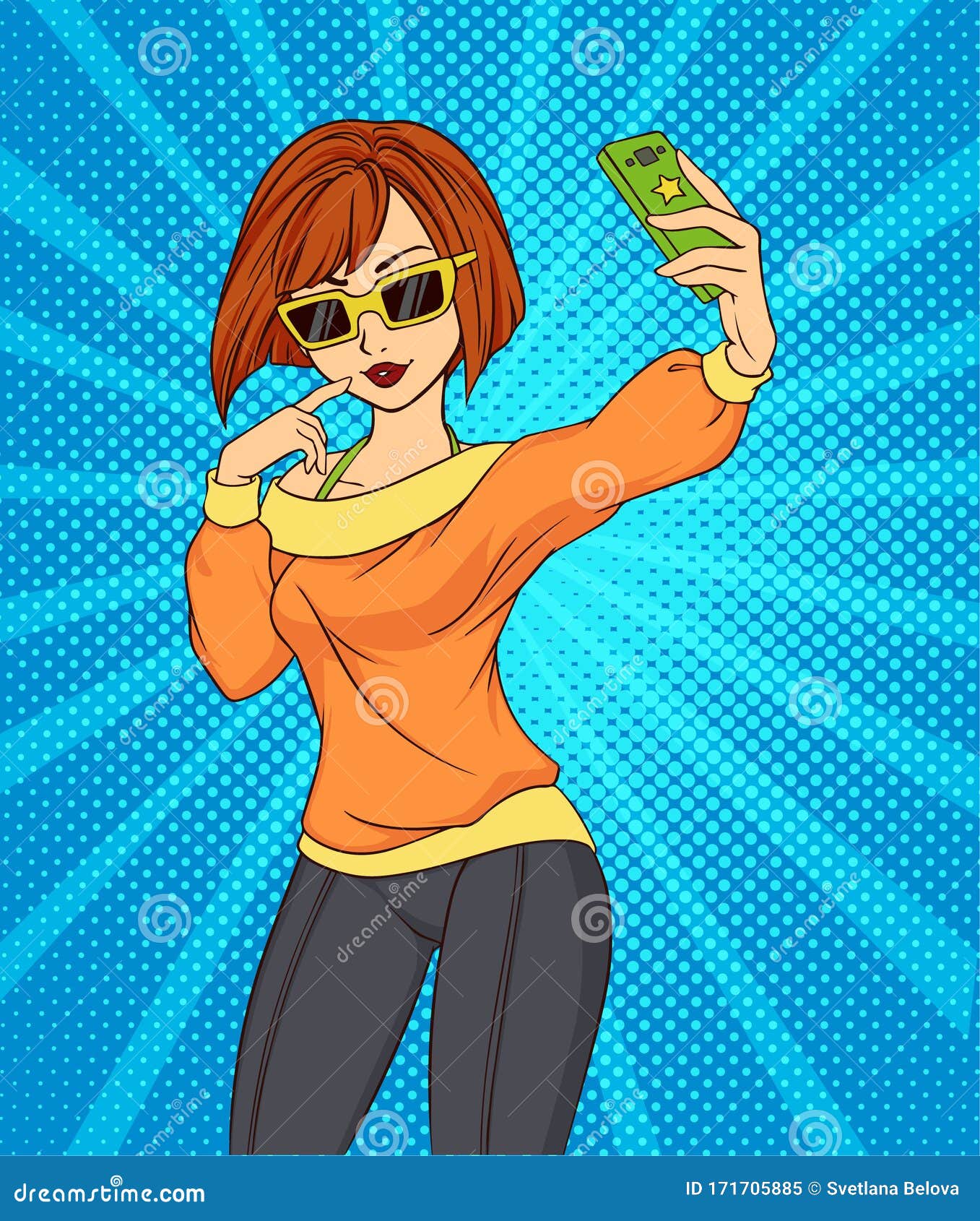 Cartoon Girl Takes A Selfie Pop Art Style Hand Drawn Vector