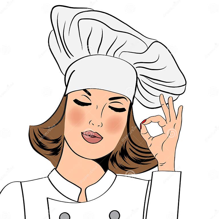 Chef Woman In Uniform Gesturing Ok Sign With Her Hand Stock Vector