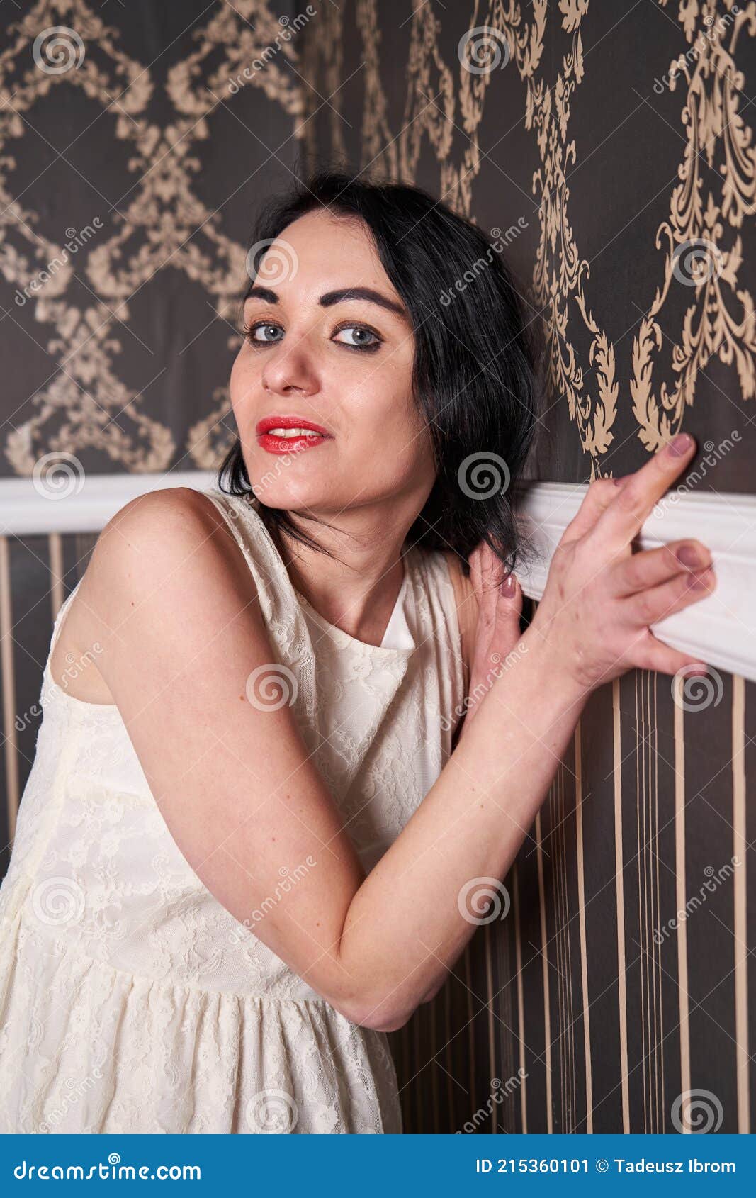 At White Sofa Stock Image Image Of Female Pretty Brunette 215360101