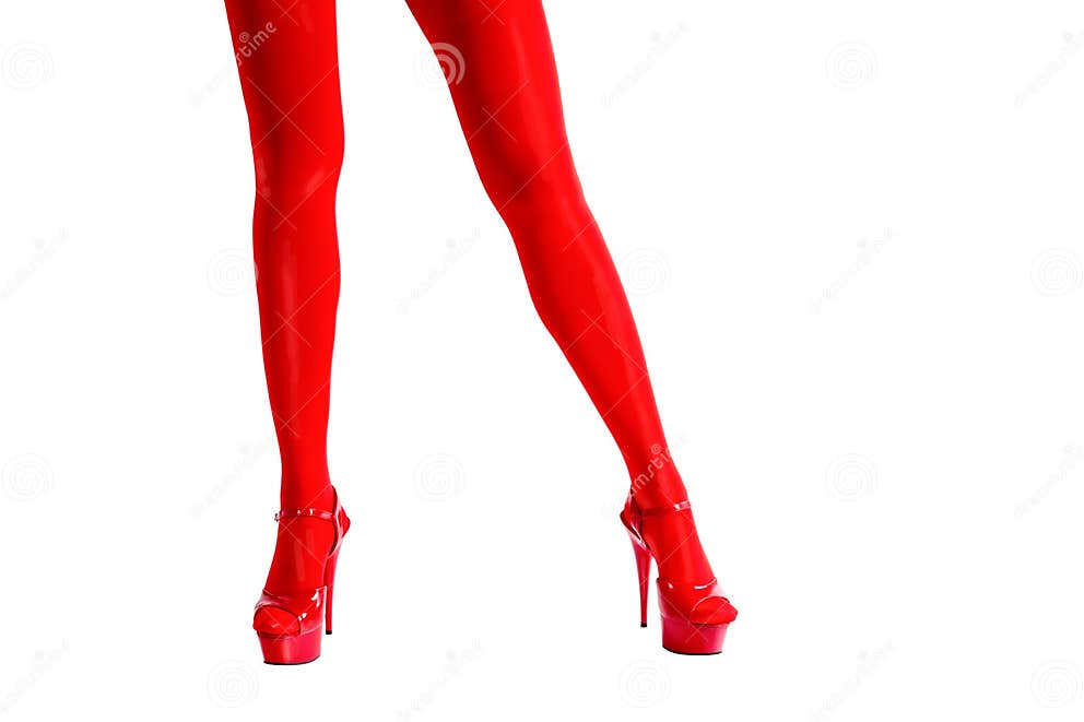 Female Long Legs In Fetish Red Stockings And High Heels Isolated On
