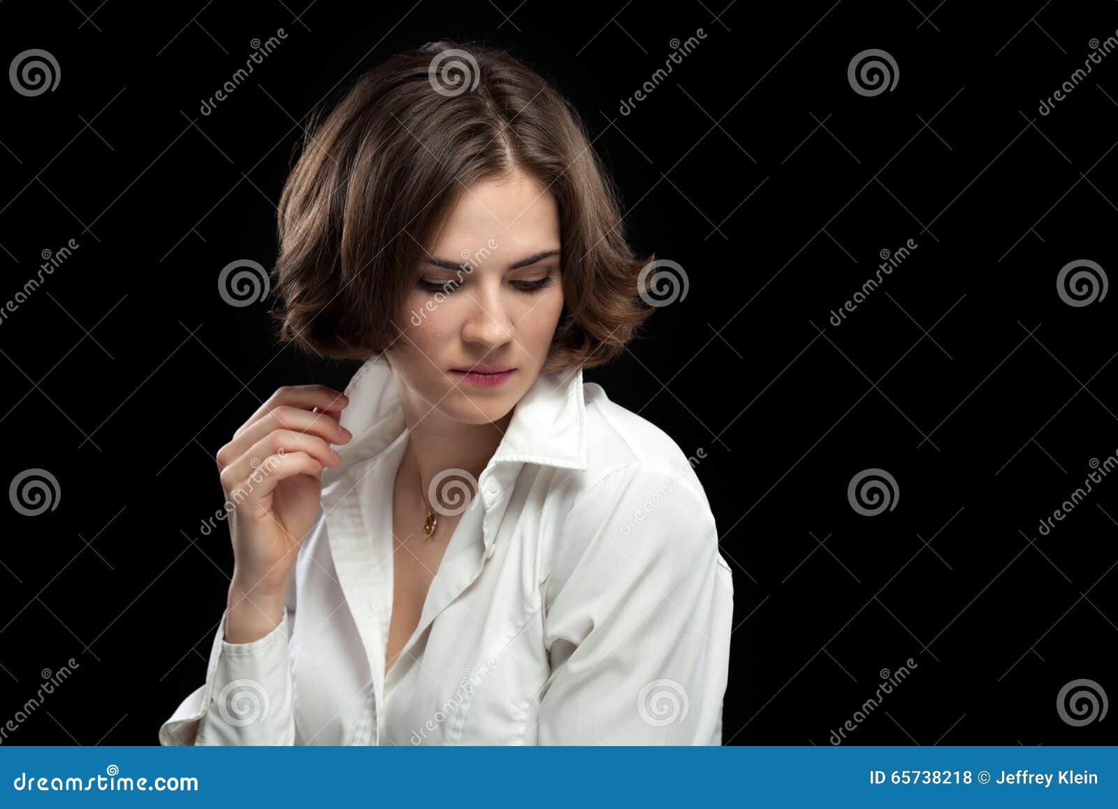 Female Model White Shirt Playing with Collar Stock Photo - Image of ...