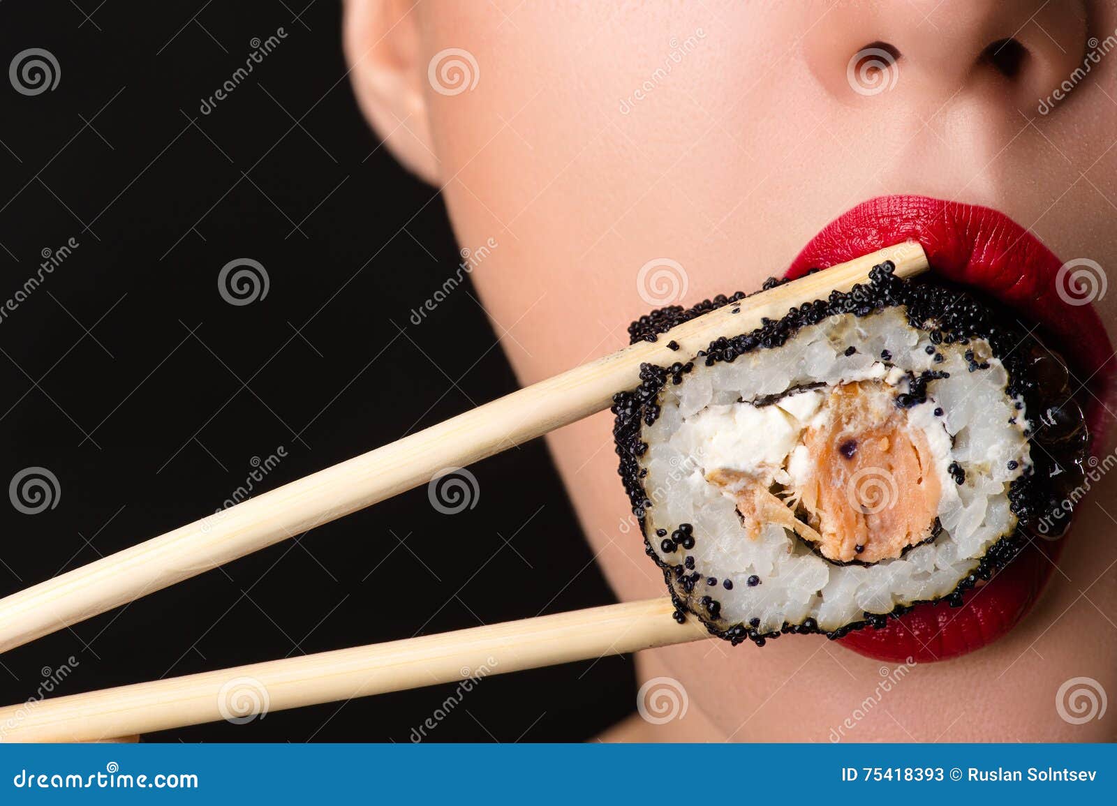 Female mouth with roll stock image. Image of lips, sushi - 75418393