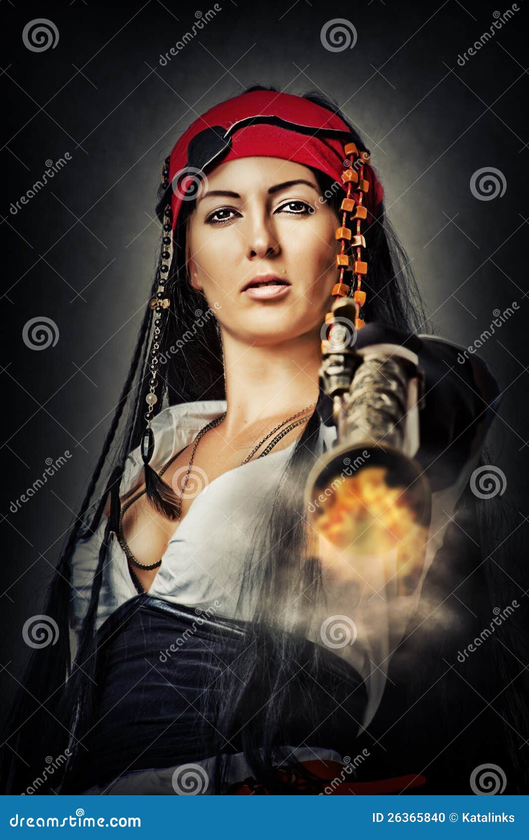 Female Pirate Shooting from Gun Stock Photo - Image of brunette, mist ...