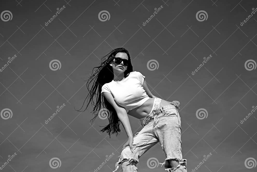 Female Wearing A Of Pants Sexual Girl Takes Off Her Jeans Stock Image