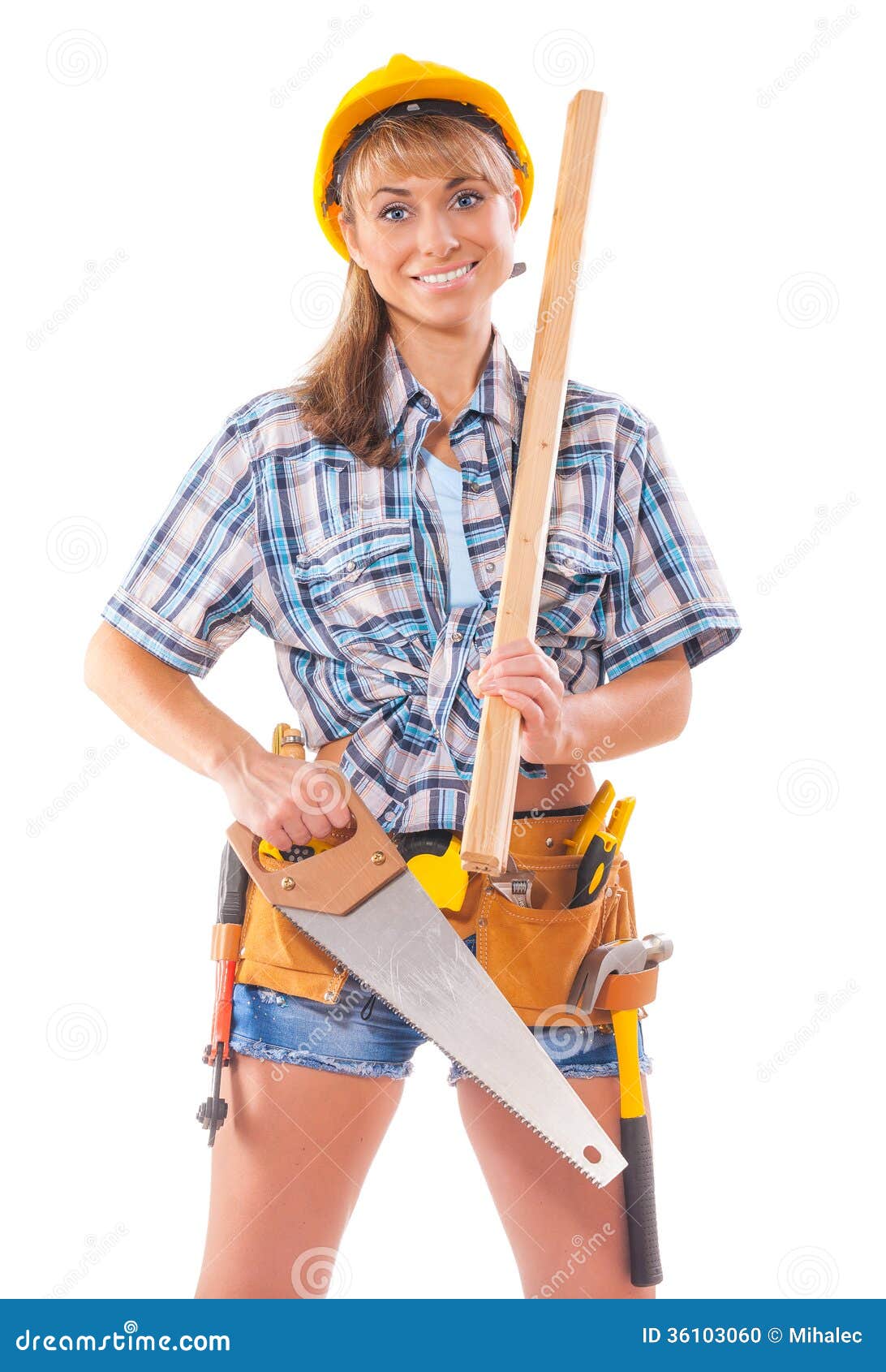 Female Worker with Carpenter Tools Isolated on White Backgr Stock Photo ...