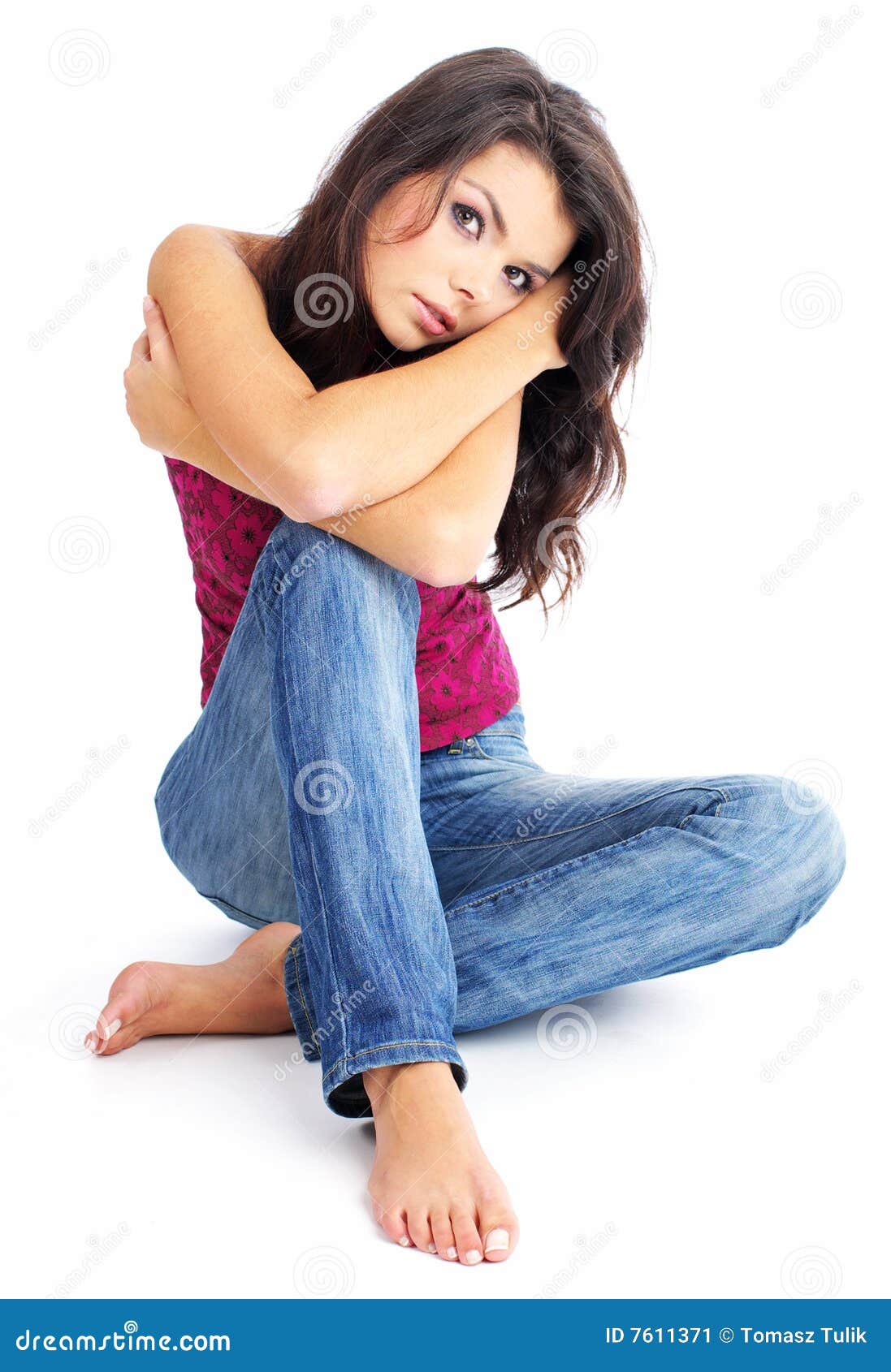 Girl in blue jeans stock image. Image of brunette, happy - 7611371