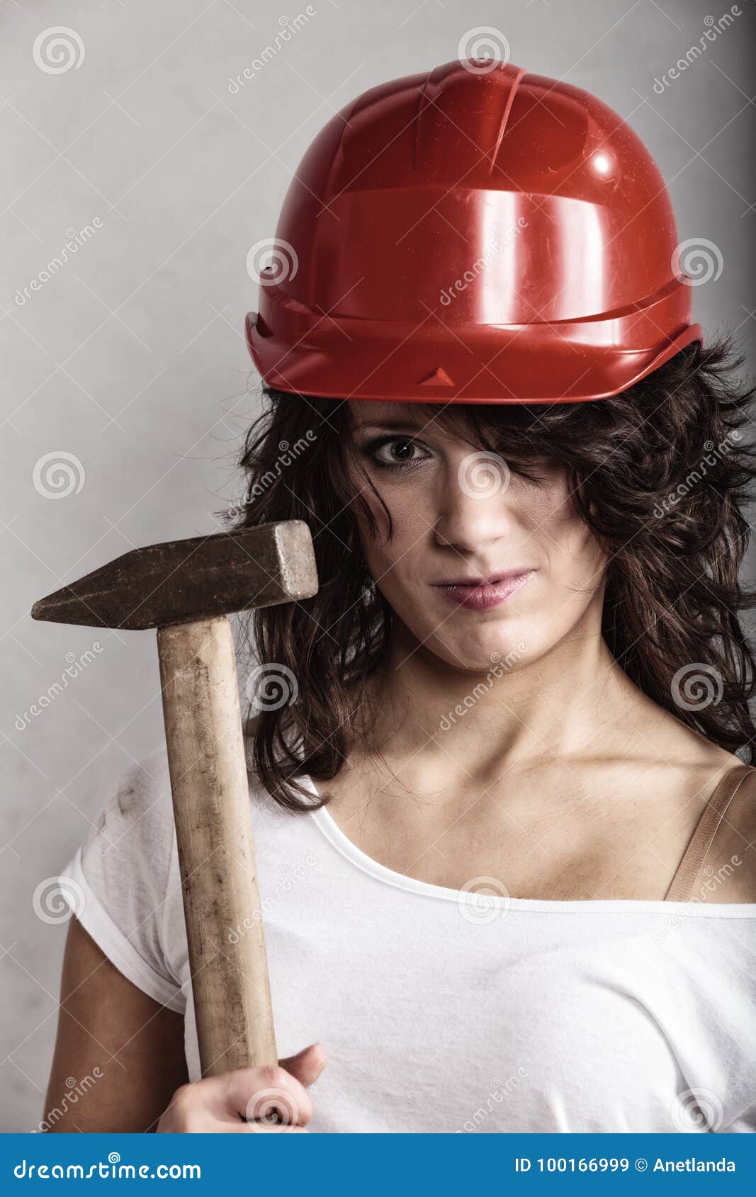 Girl In Safety Helmet Holding Hammer Tool Stock Image Image Of Safety