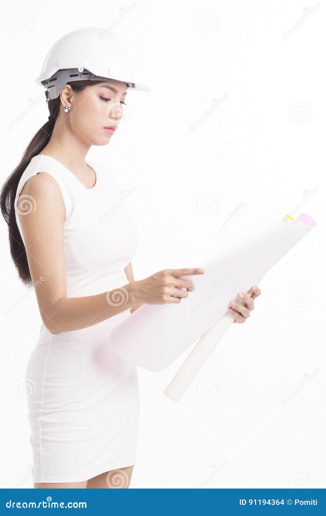 Girl Structural Engineer Looking at Drafting Paper Stock Photo - Image ...
