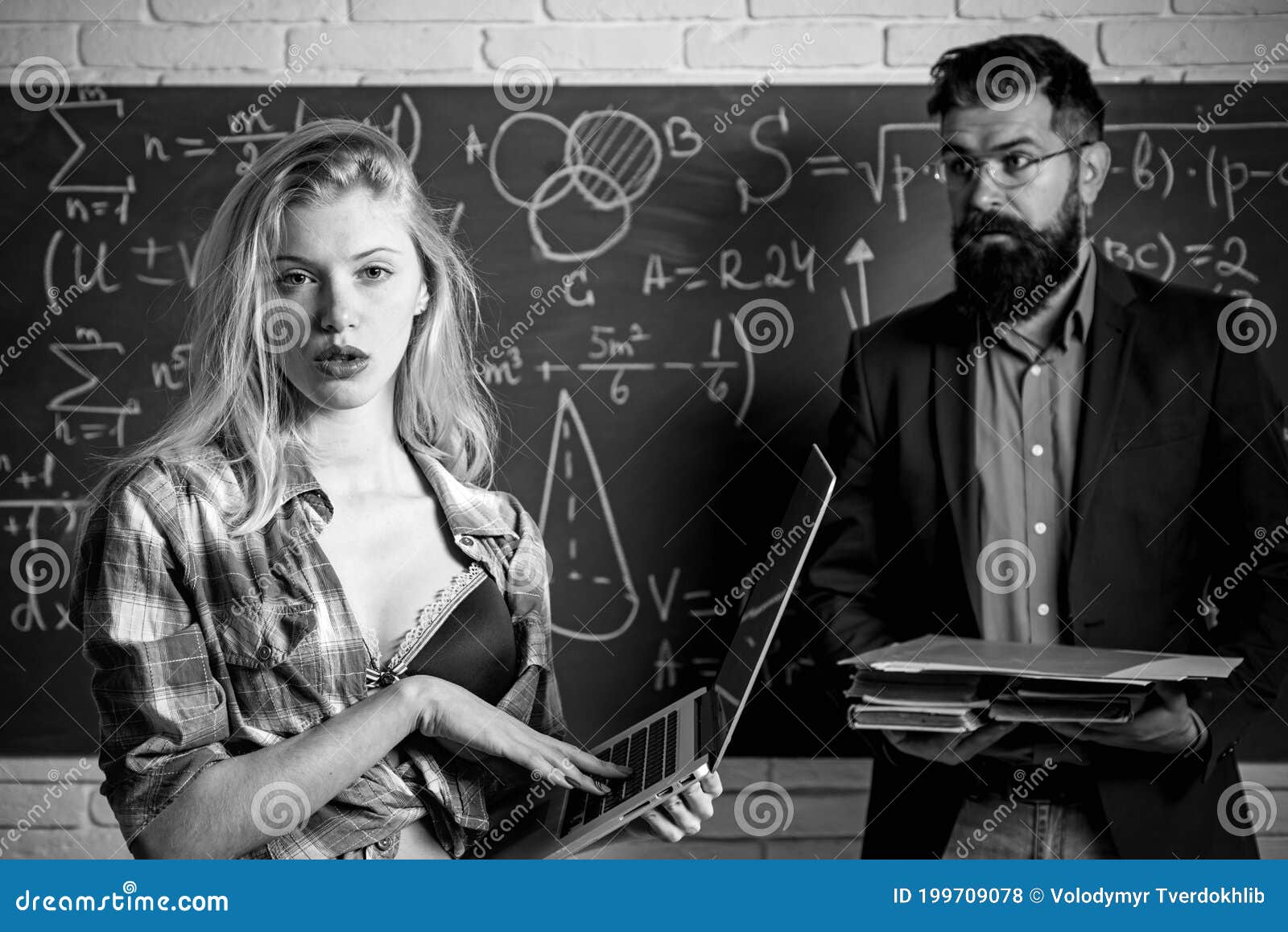 Gorgeous Blonde Woman Near Blackboard With Teacher Man Sexology