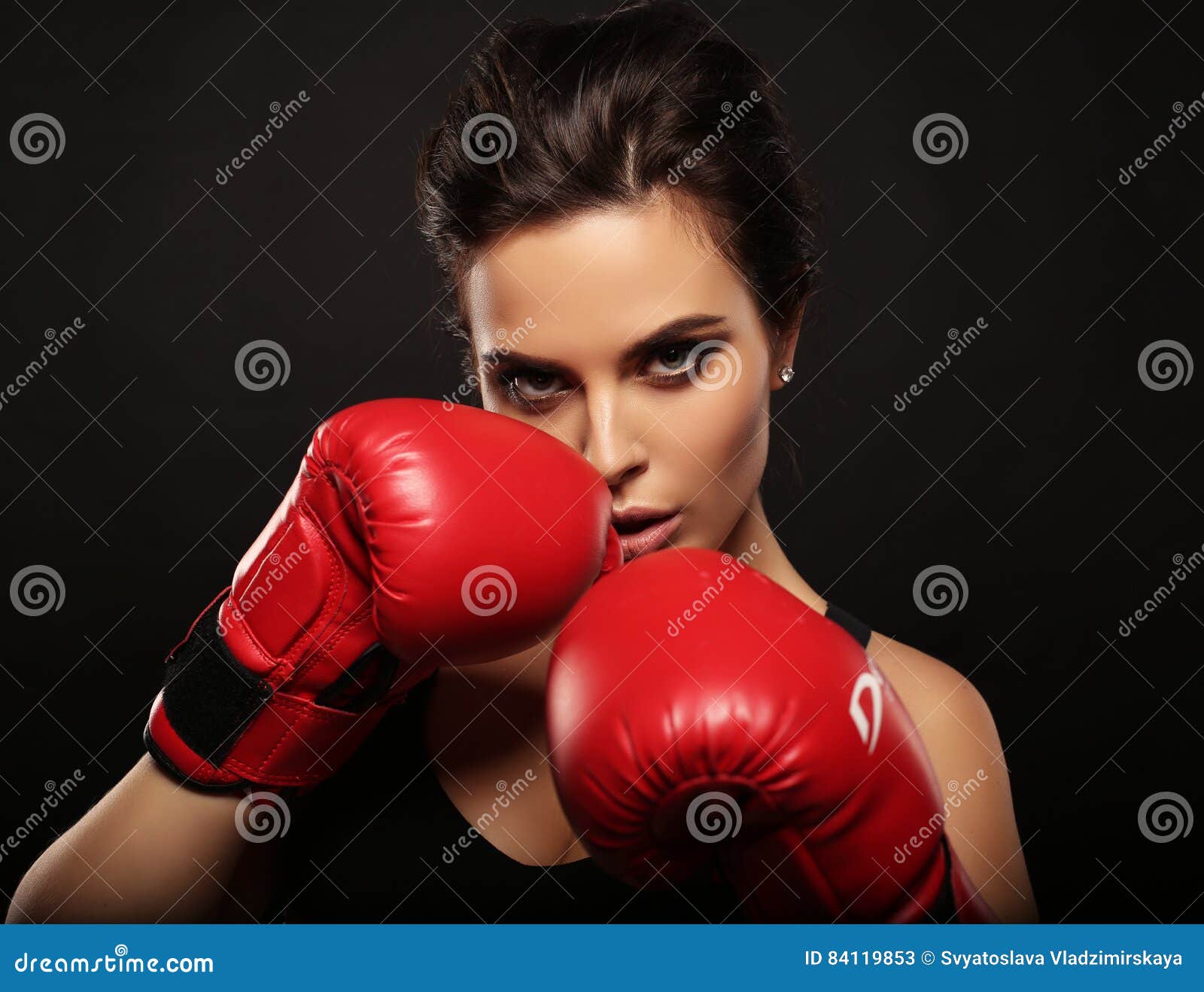 Gorgeous Woman With Dark Hair In Sports Gloves For Boxing Stock Image