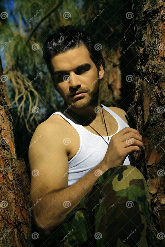 Guy in tree stock image. Image of expression, hunk, eyes - 14763955
