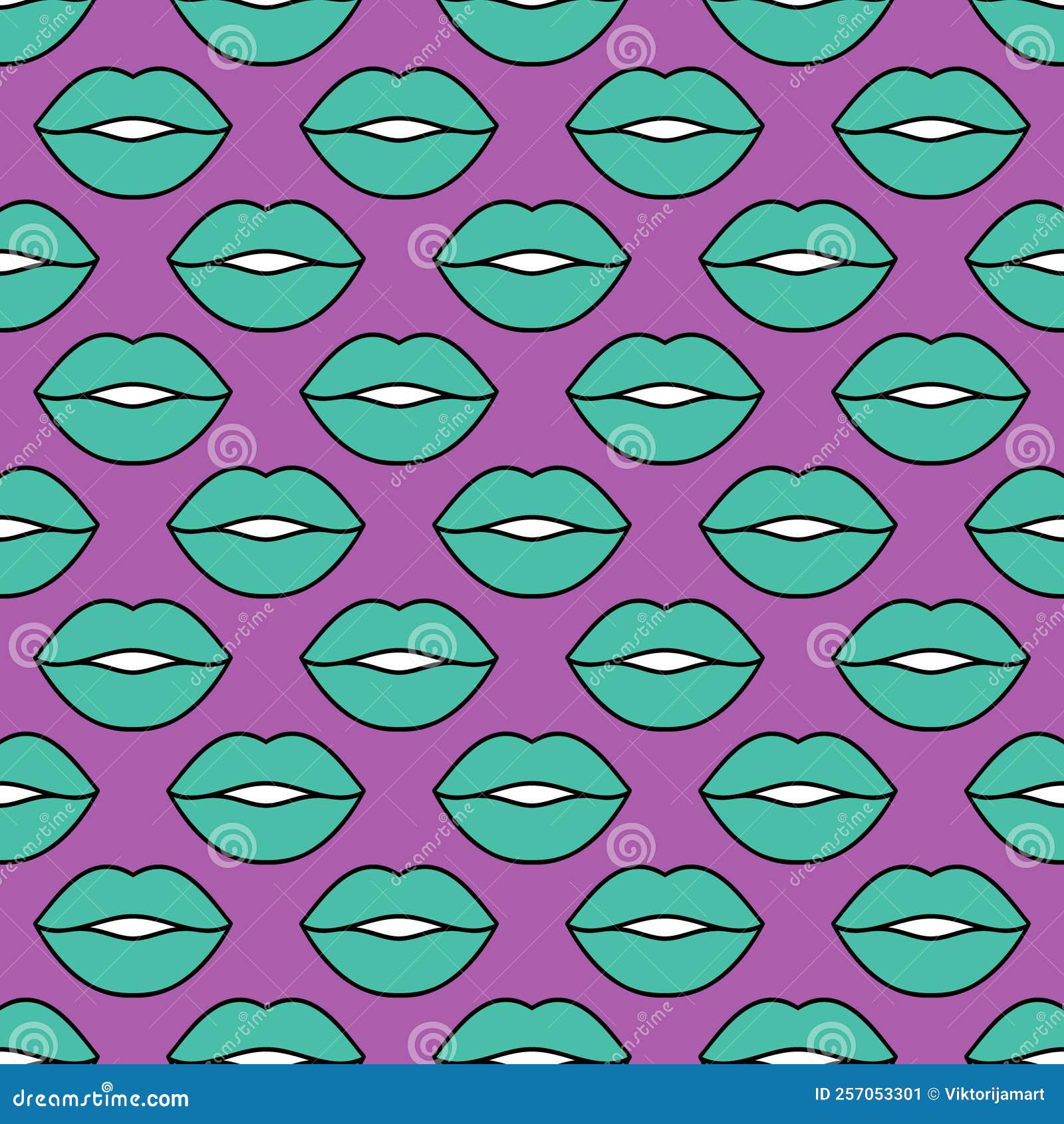 Lips Seamless Vector Pattern Emerald Lips With A Black Outline On A Violet Background Stock