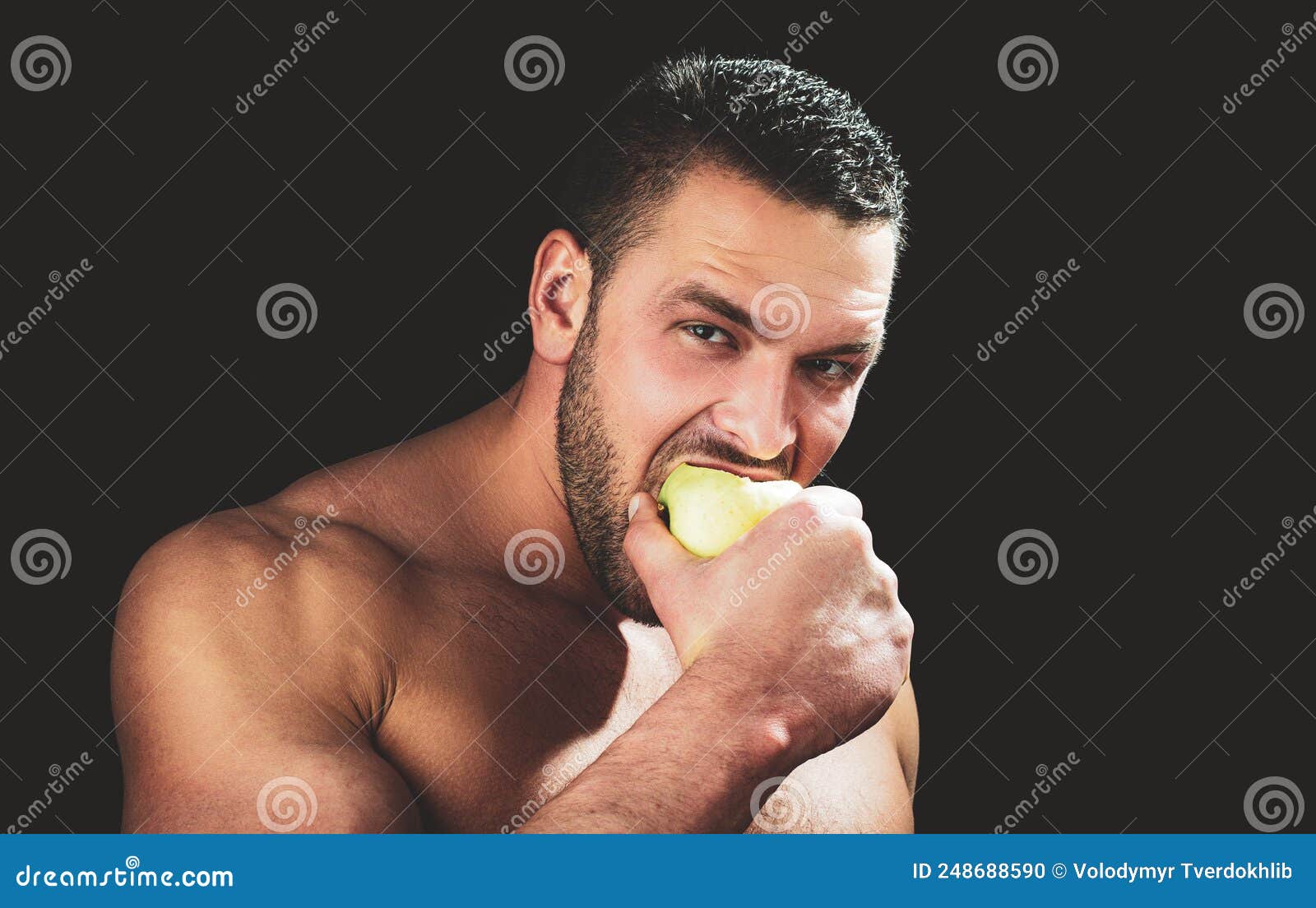 Man Eat Apple. Close Up Guy Face. Stock Photo - Image of model ...