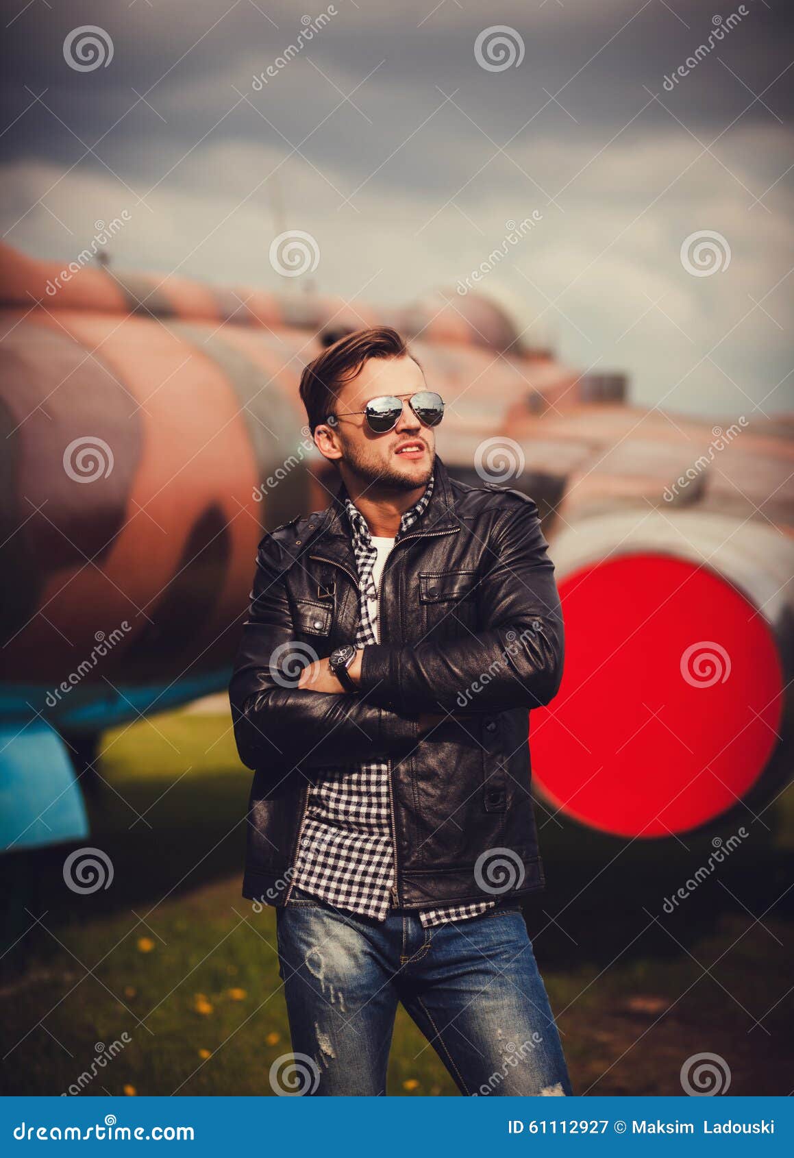 Man Wearing Leather Jacket Stock Image Image Of Posing 61112927
