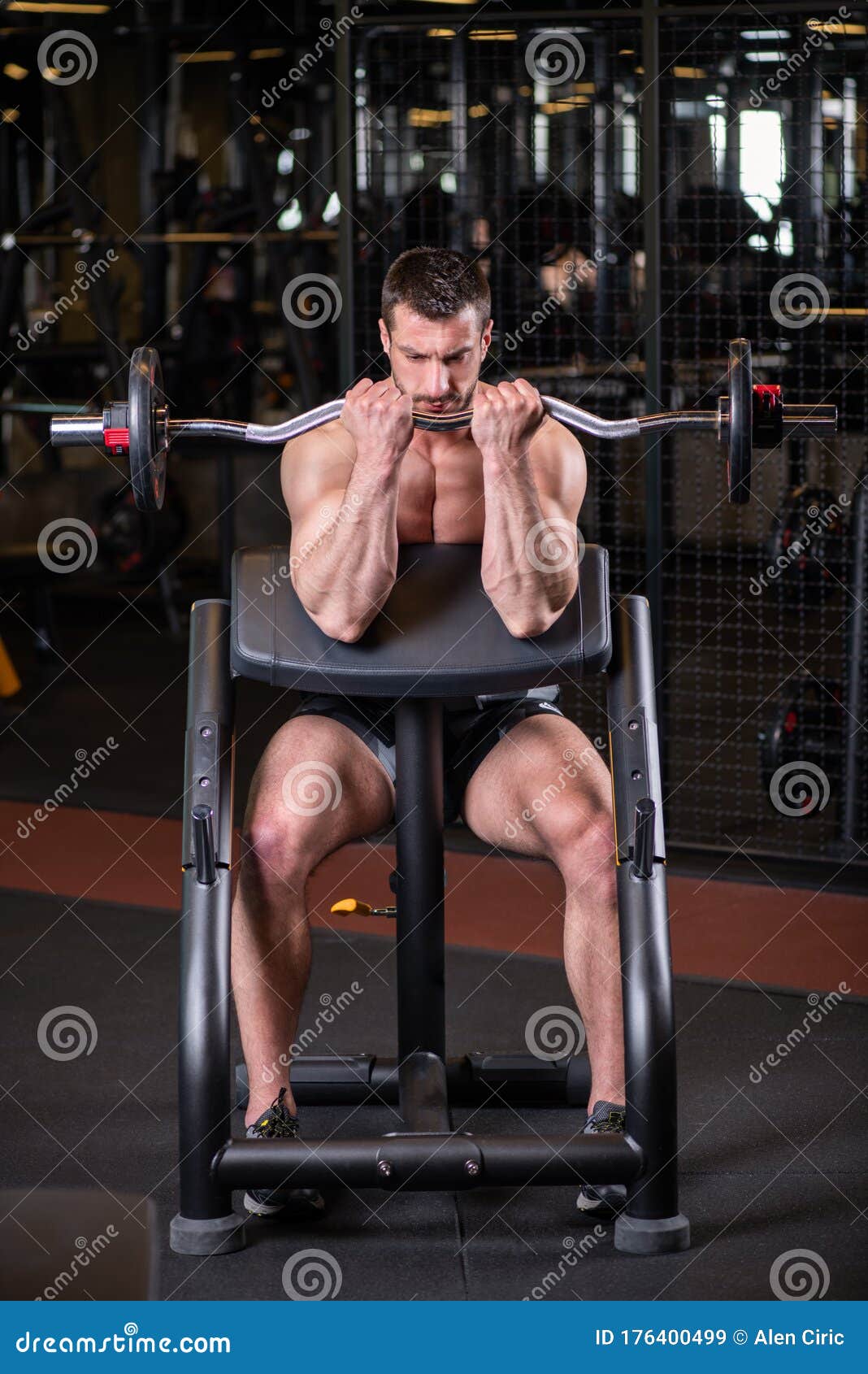Muscular Man Sitting on the Bench and Doind Biceps Exercise. Front View ...