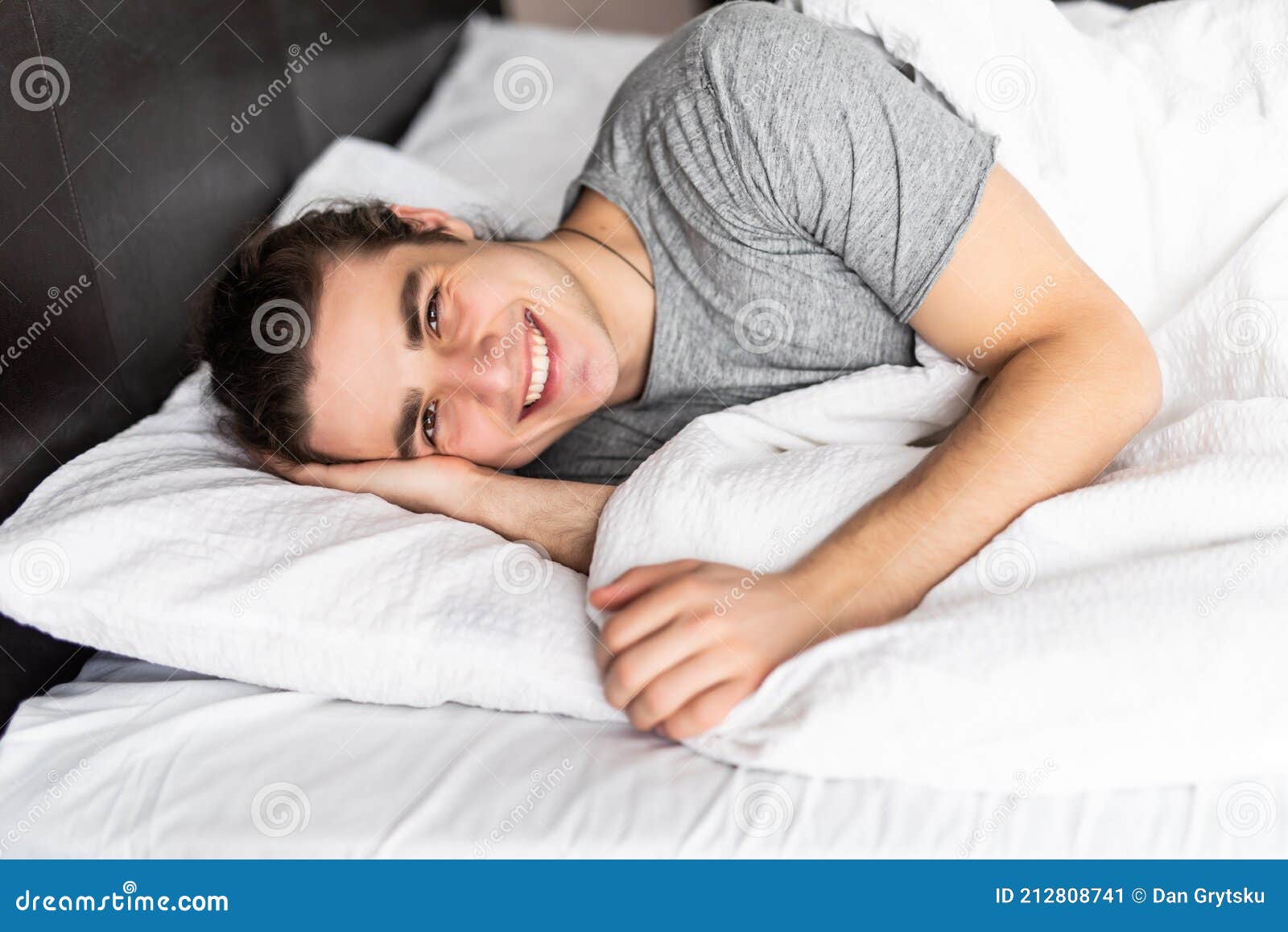 Side View of Young Man Sleeping in Bed Stock Image - Image of lover ...