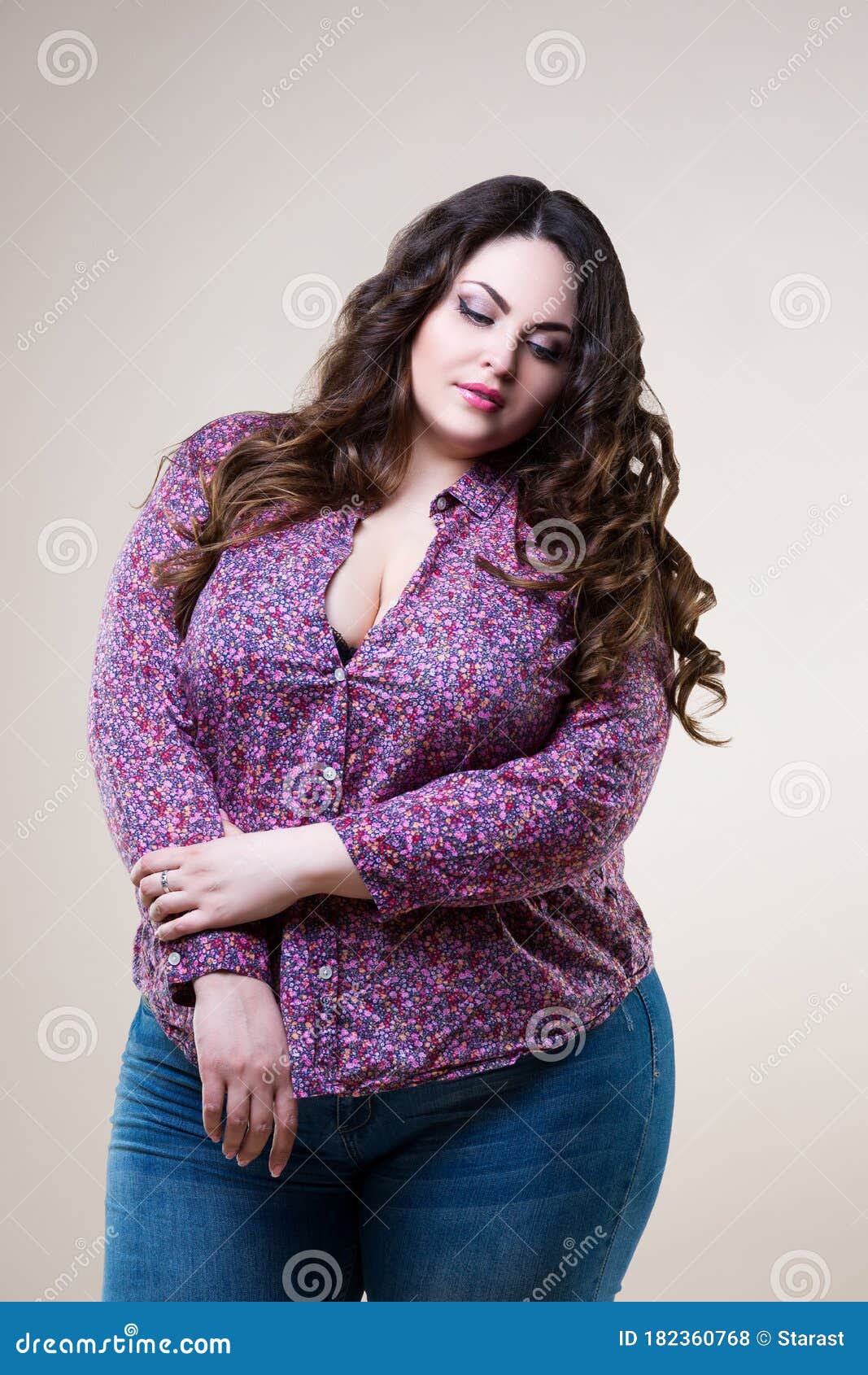 Plus Size Model In Casual Clothes Fat Woman On Beige Background Stock