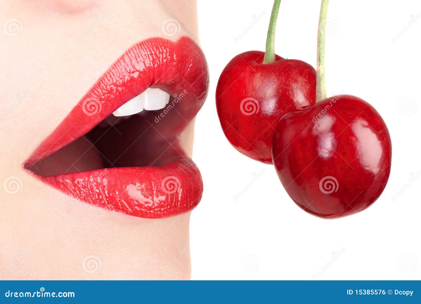 Red lips with cherry stock photo. Image of carefree, inviting - 15385576